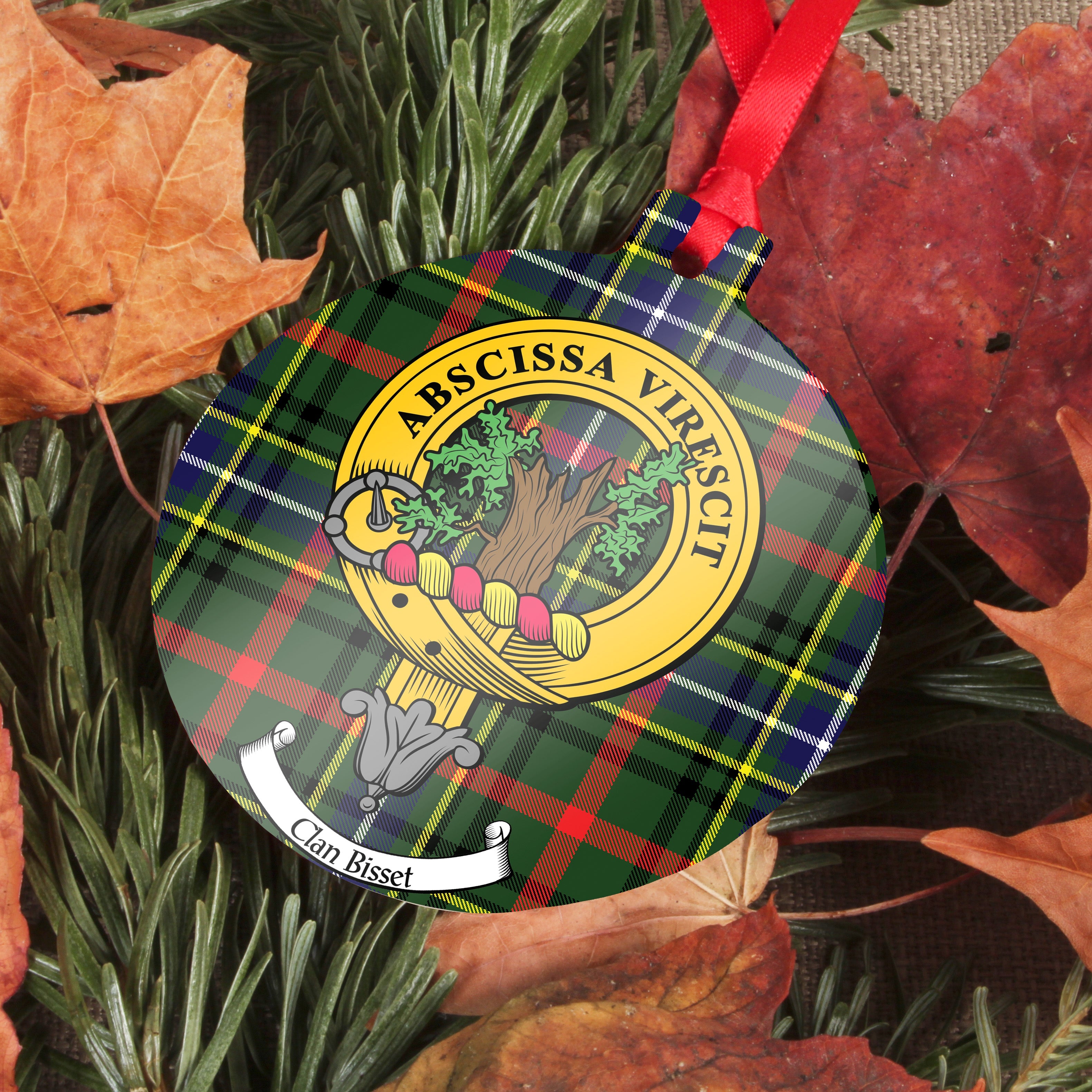 Bisset Clan Crest and Tartan Metal Christmas Ornament - 6 Styles Avail