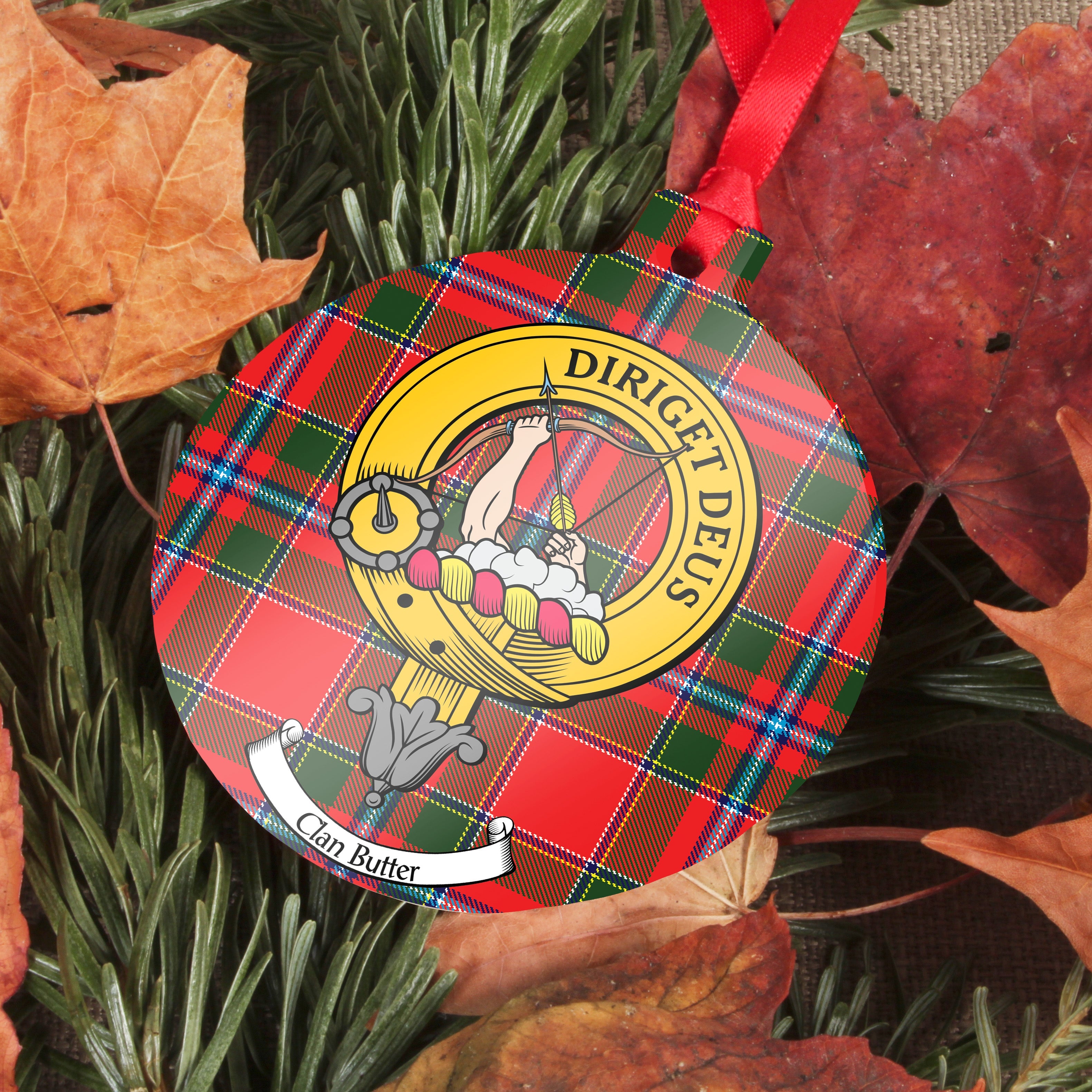 Butter Clan Crest and Tartan Metal Christmas Ornament - 6 Styles Avail