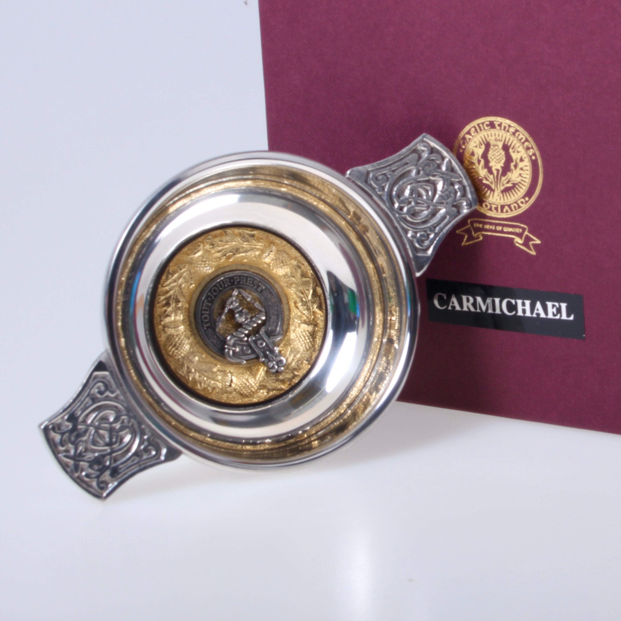 Carmichael Clan Crest Quaich with Gold Trim