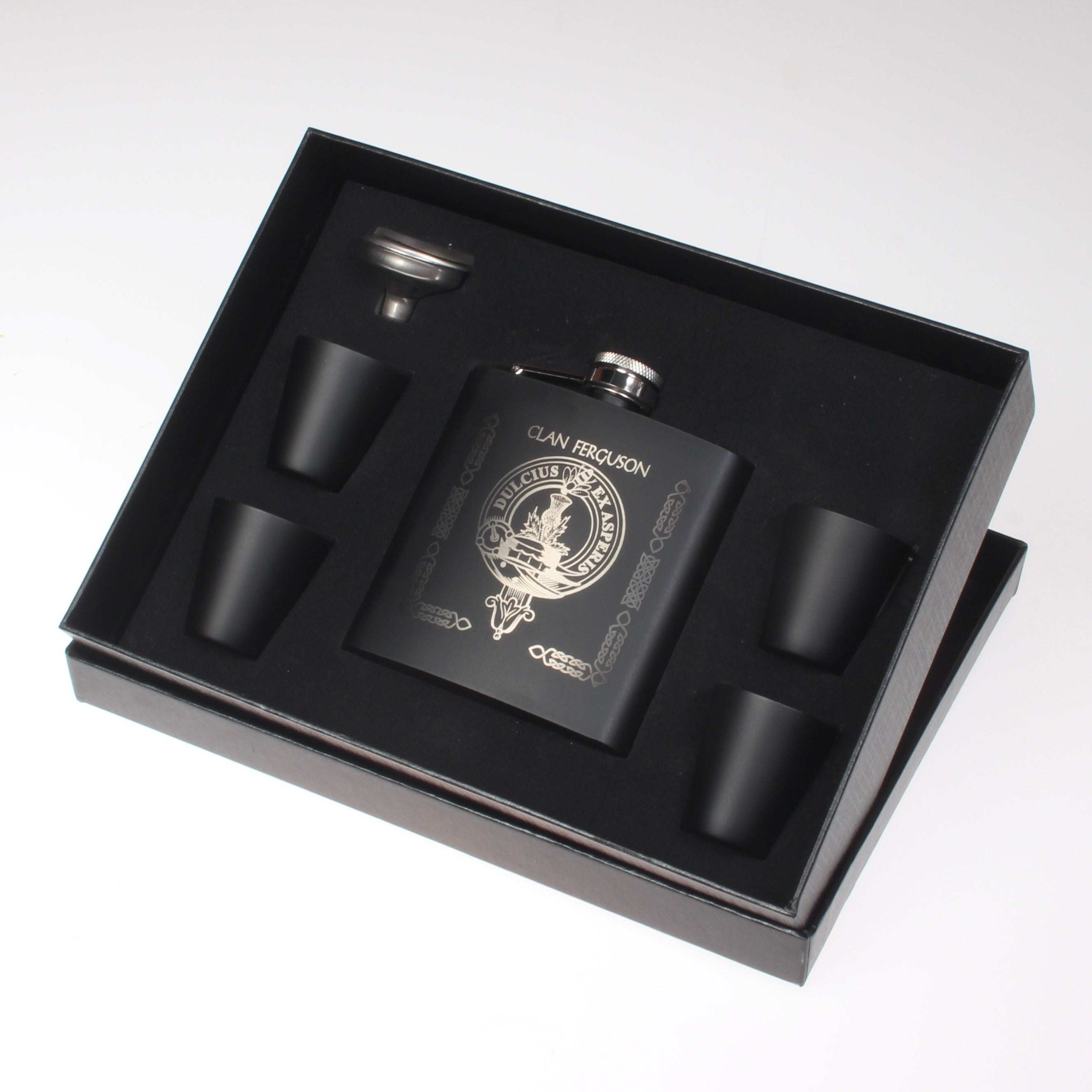 Clan Crest engraved 6oz Matt Black Hip Flask Gift Set with Cups and Fu