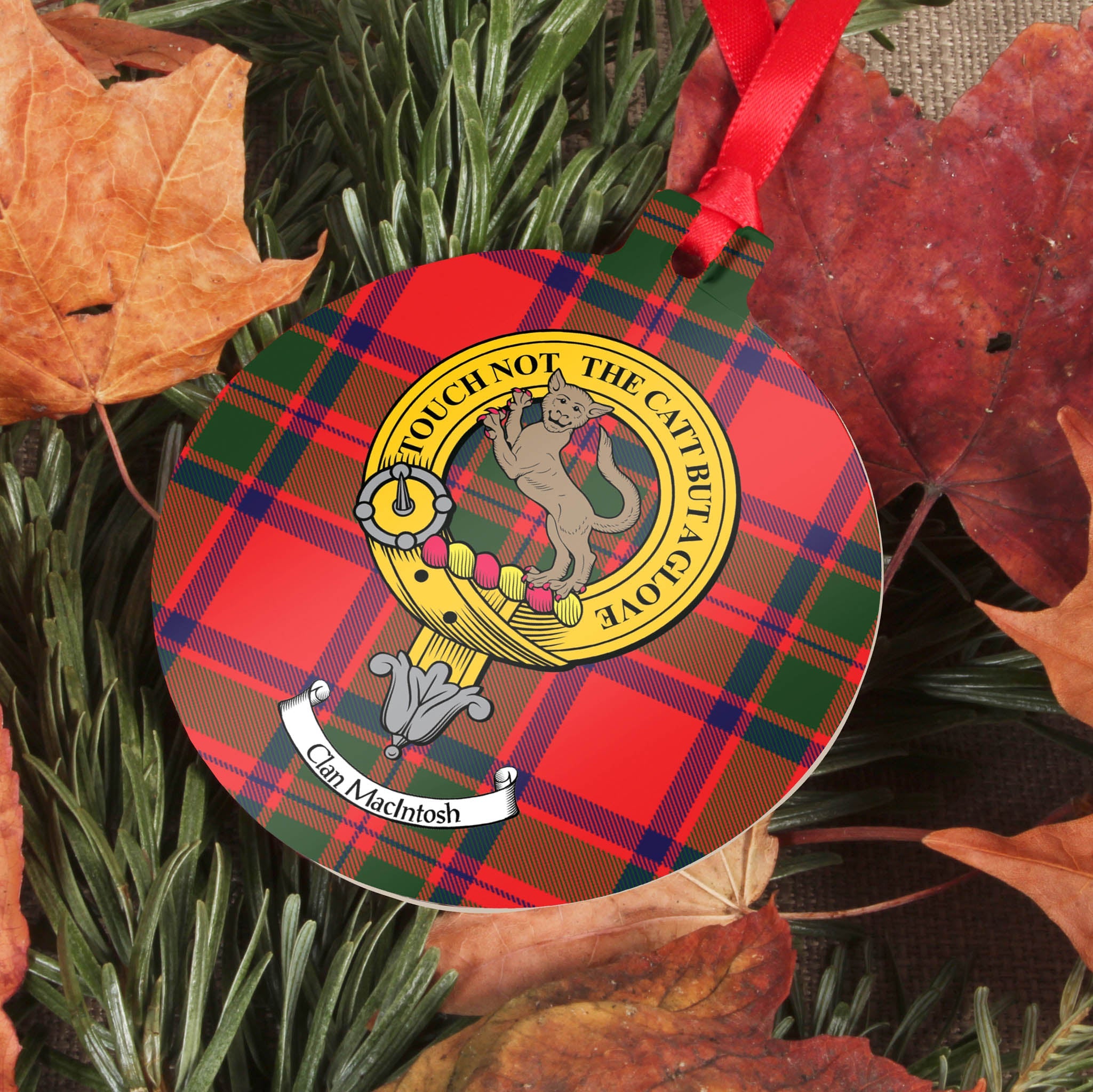 MacIntosh Clan Crest and Tartan Metal Christmas Ornament - 6 Styles Av