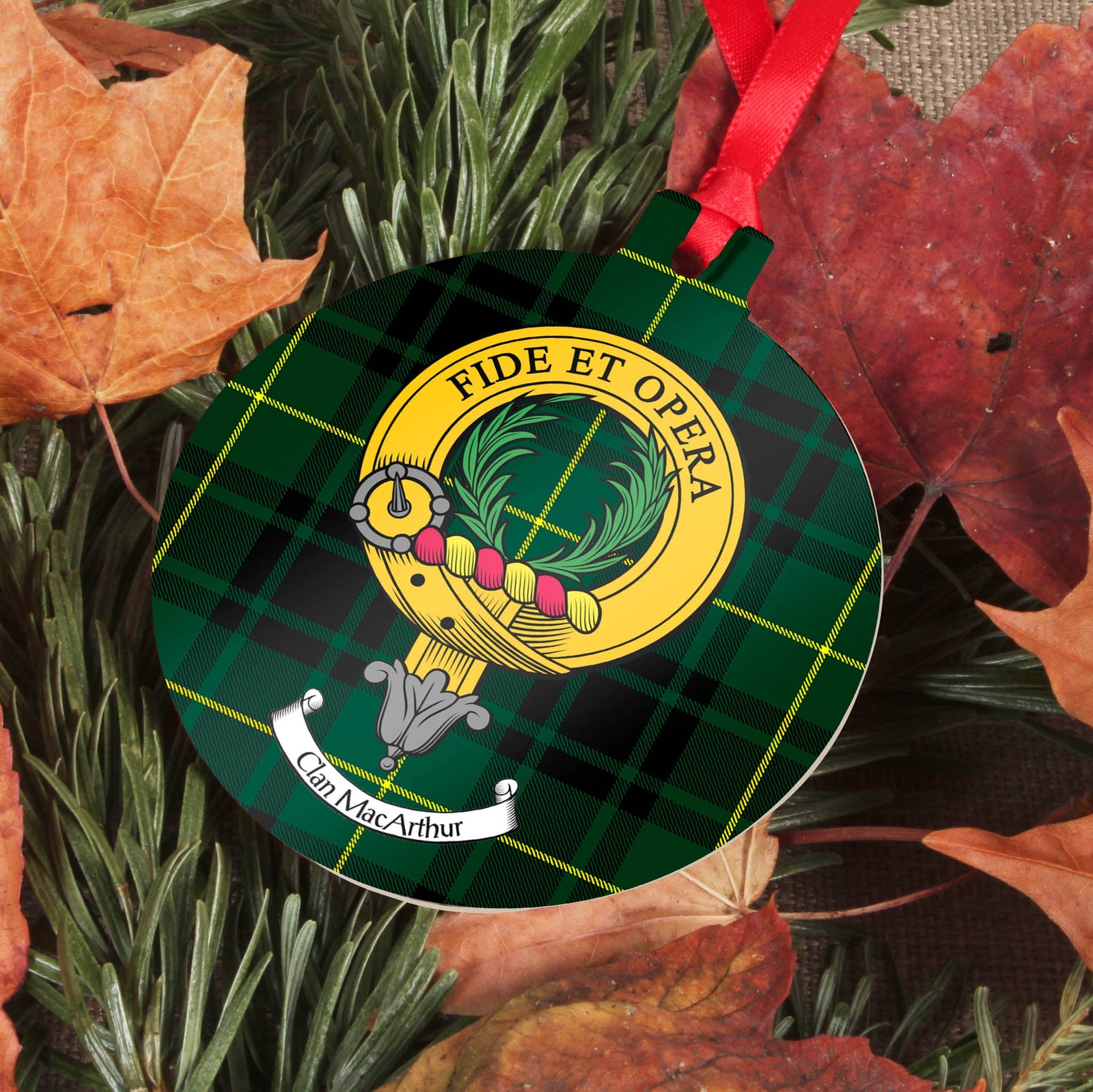 MacArthur Clan Crest and Tartan Metal Christmas Ornament - 6 Styles Av