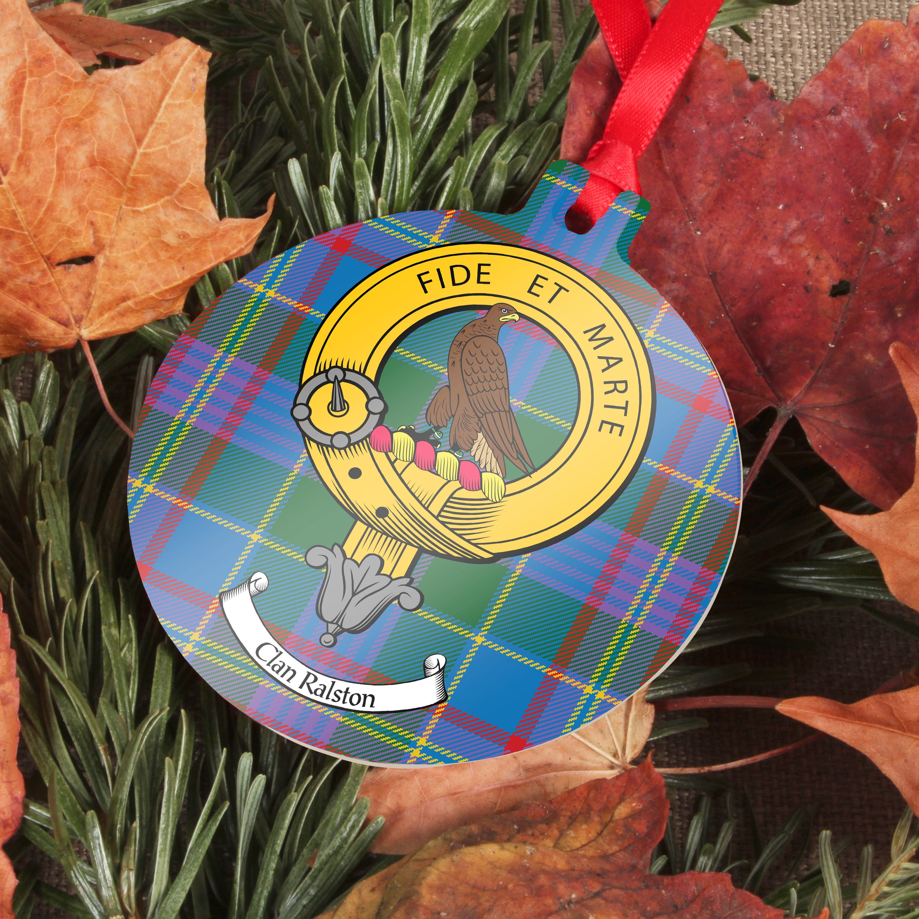 Ralston Clan Crest and Tartan Metal Christmas Ornament - 6 Styles Avai